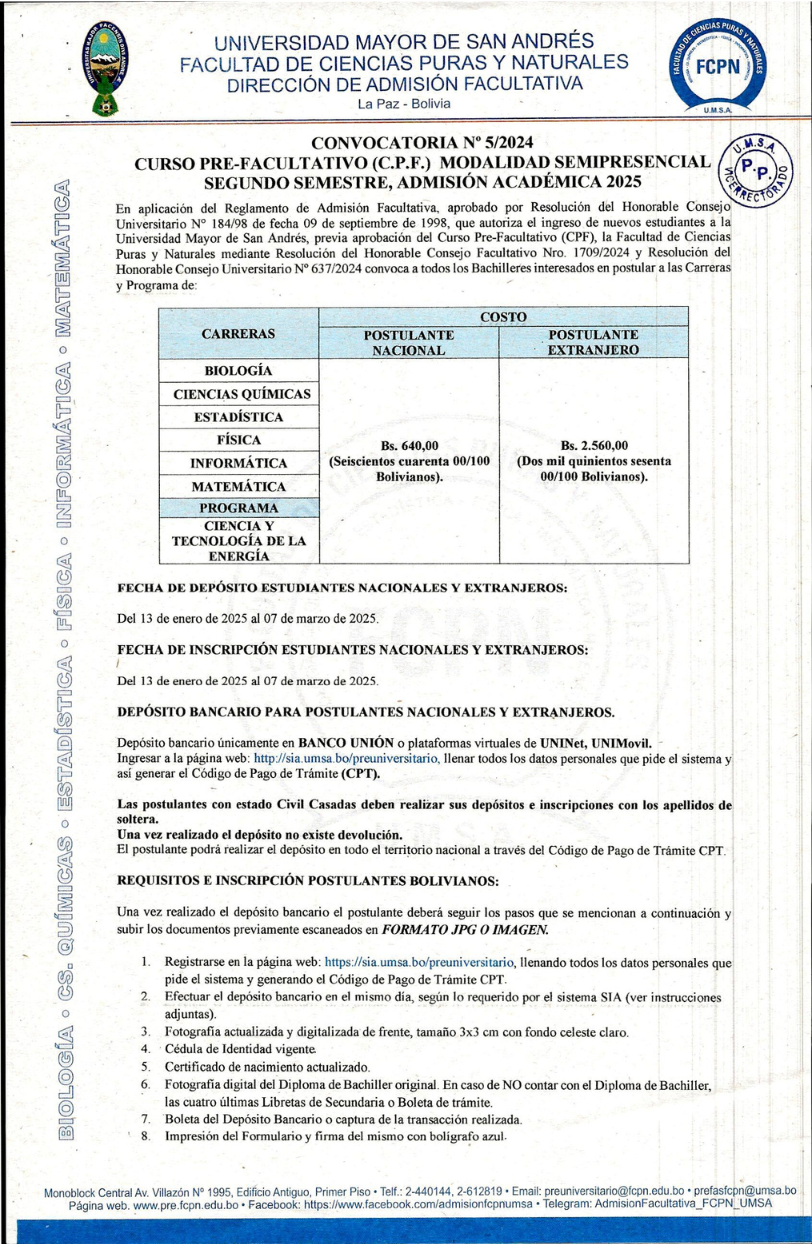 preu – Dirección de Admisión Facultativa FCPN
